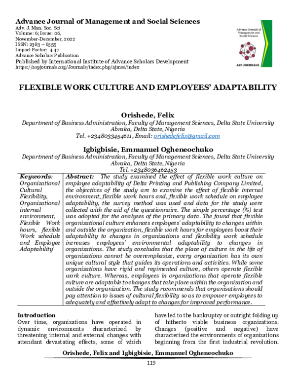 (PDF) FLEXIBLE WORK CULTURE AND EMPLOYEES' ADAPTABILITY