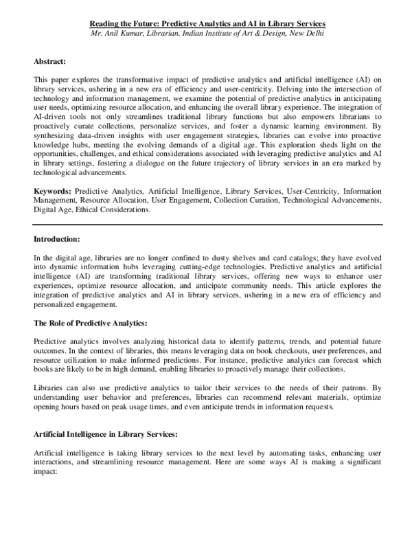 (PDF) Reading the Future: Predictive Analytics and AI in Library Services