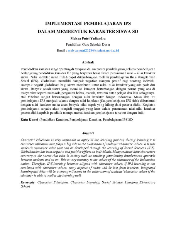 (PDF) IMPLEMENTASI PEMBELAJARAN IPS DALAM MEMBENTUK KARAKTER SISWA SD