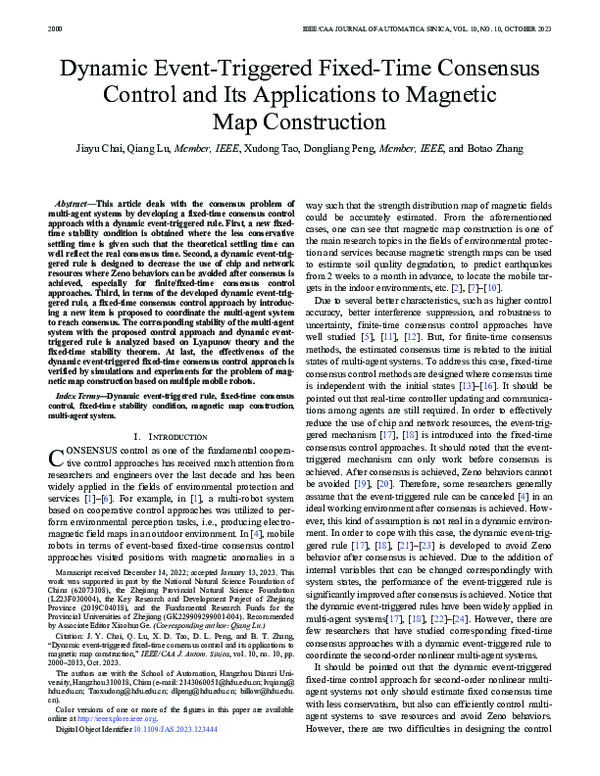 Pdf Dynamic Event Triggered Fixed Time Consensus Control And Its