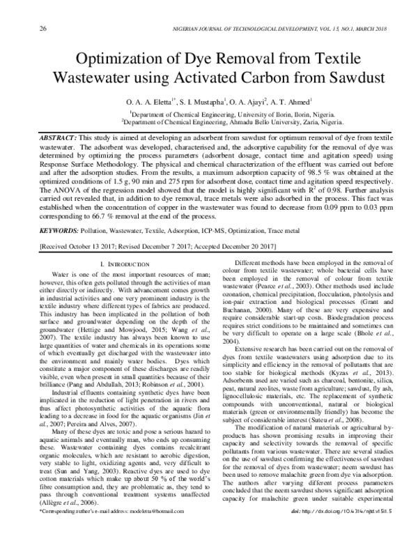 (PDF) Optimization of dye removal from textile wastewater using activated carbon from sawdust