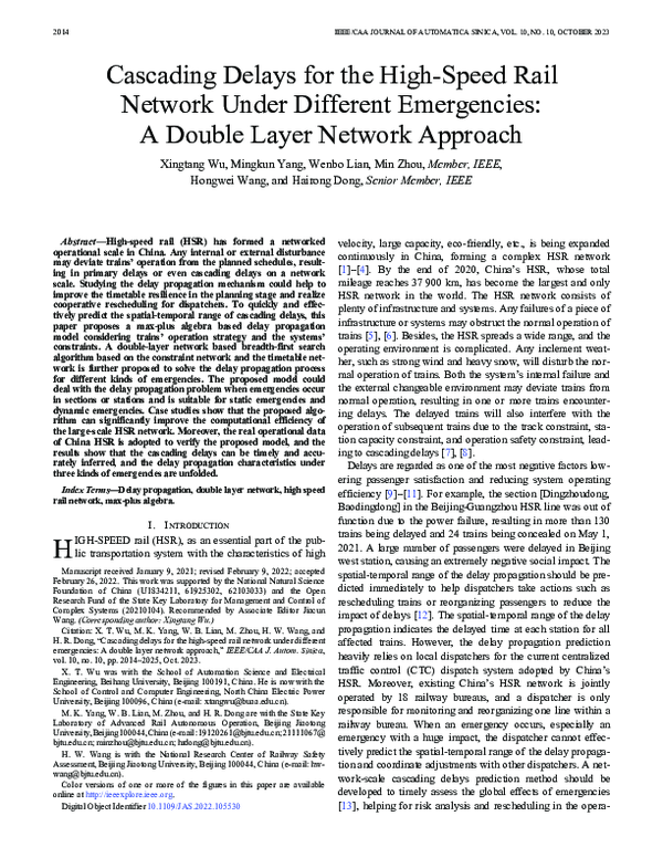 (PDF) Cascading Delays for the High-Speed Rail Network Under Different Emergencies: A Double ...