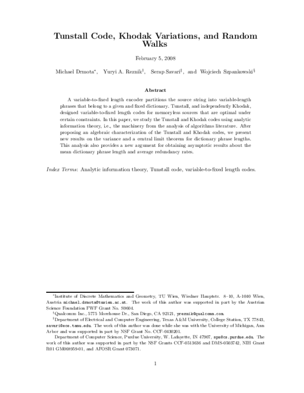 (PDF) Tunstall Code, Khodak Variations, and Random Walks