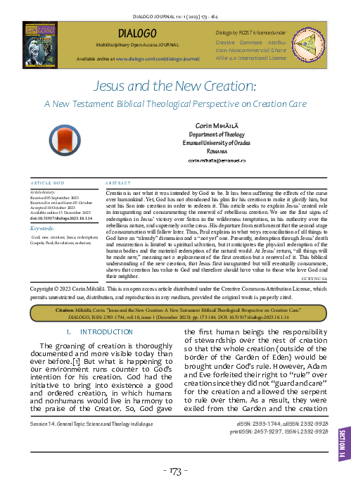(PDF) Jesus and the New Creation: A New Testament Biblical Theological ...