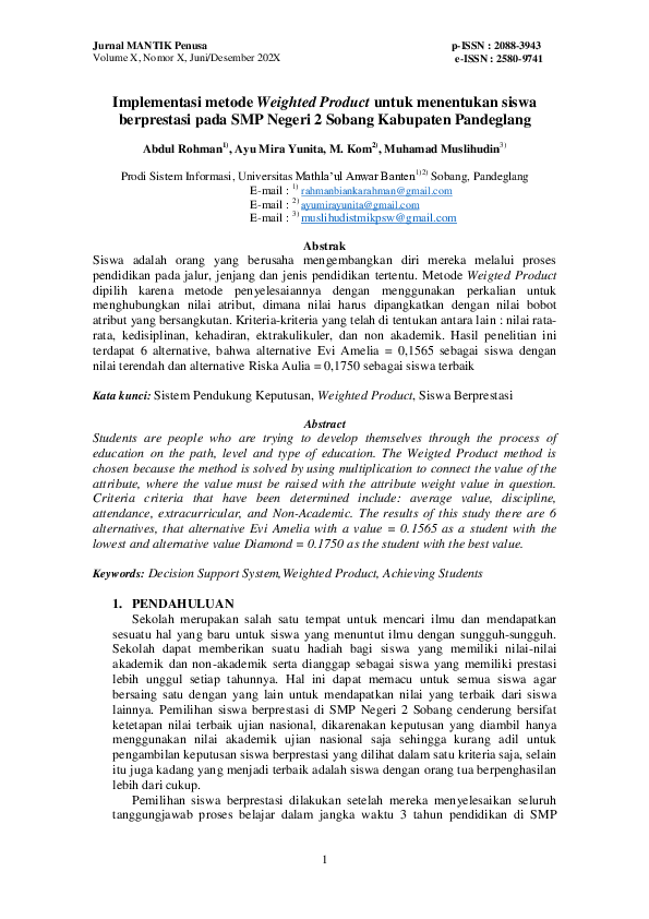 Pdf Implementasi Metode Weighted Product Untuk Menentukan Siswa