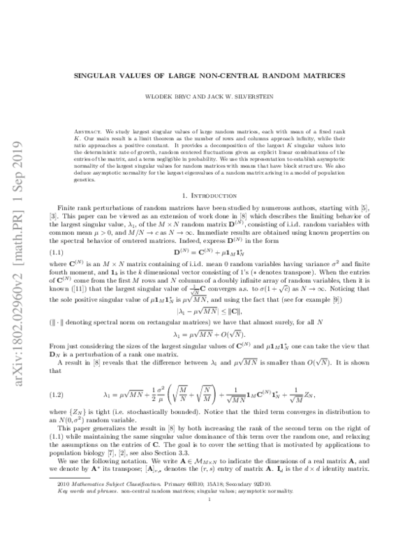 (PDF) Singular values of large non-central random matrices | Jack Silverstein - Academia.edu