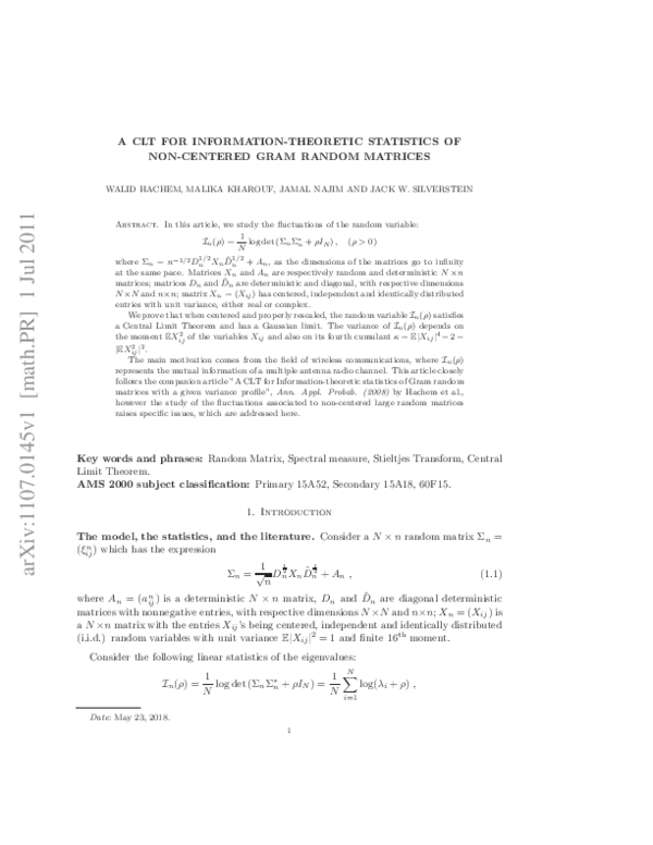 (PDF) A CLT for Information-theoretic statistics of Non-centered Gram random matrices | Jack ...