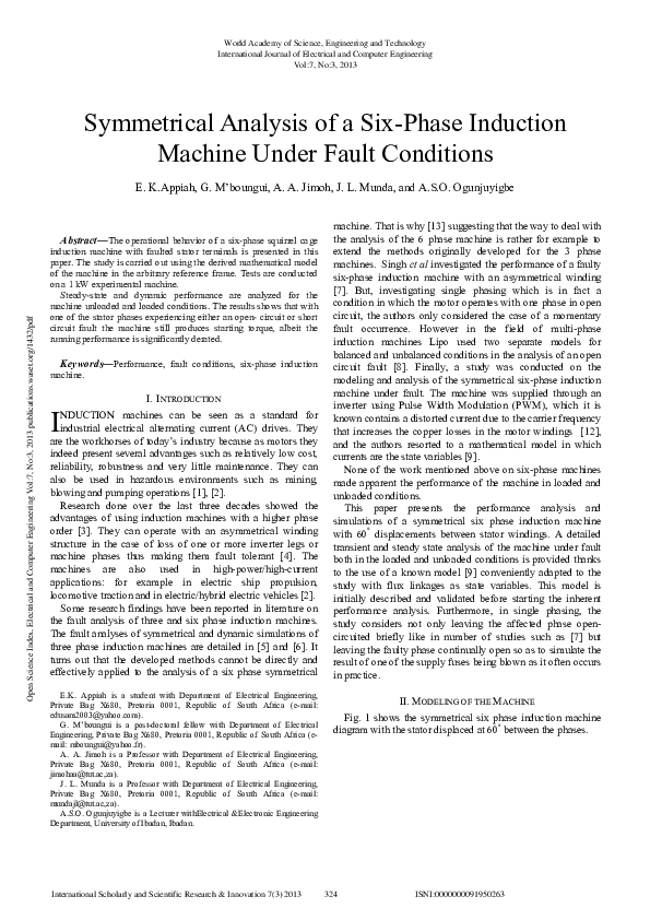 Pdf Symmetrical Analysis Of A Six Phase Induction Machine Under Fault Conditions