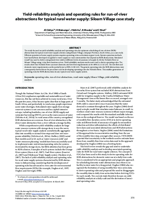(PDF) Yield-reliability analysis and operating rules for run-of-river ...