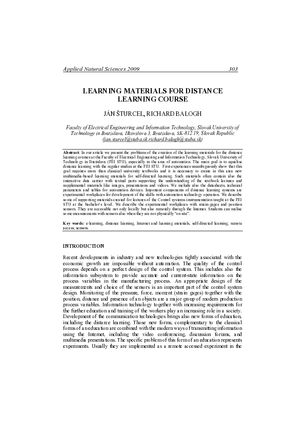 (PDF) Learning Materials for Distance Learning Course