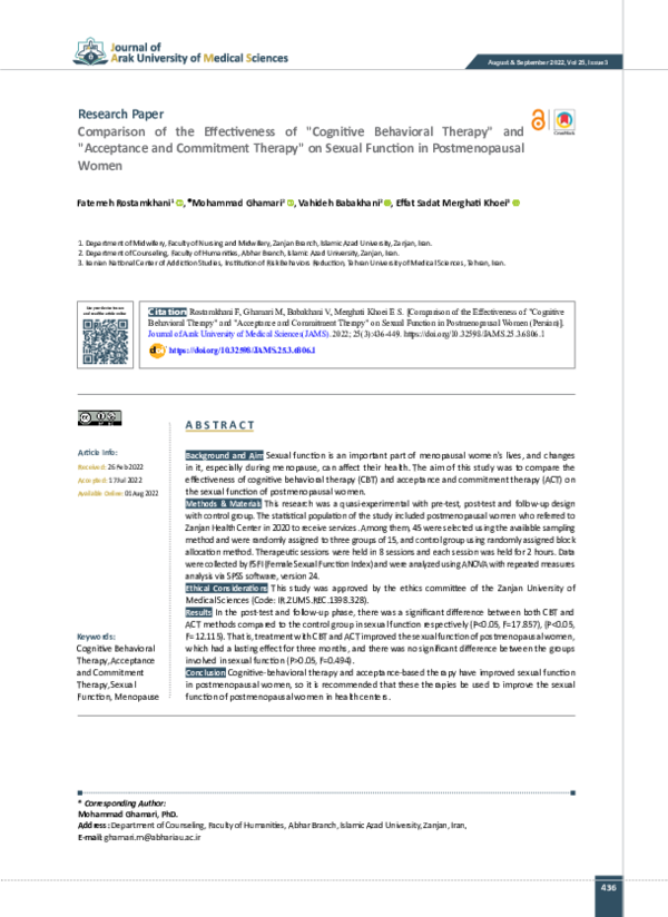 (PDF) Comparison of the Effectiveness of "Cognitive Behavioral Therapy" and "Acceptance and ...