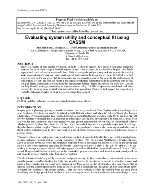 (PDF) Evaluating system utility and conceptual fit using CASSM | Dominic Furniss - Academia.edu