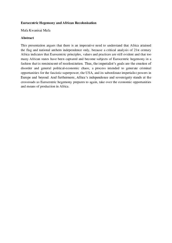 (PDF) Eurocentric Hegemony and African Recolonisation