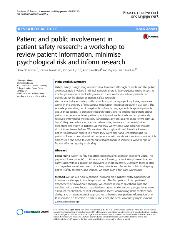 (PDF) Patient and public involvement in patient safety research: a ...
