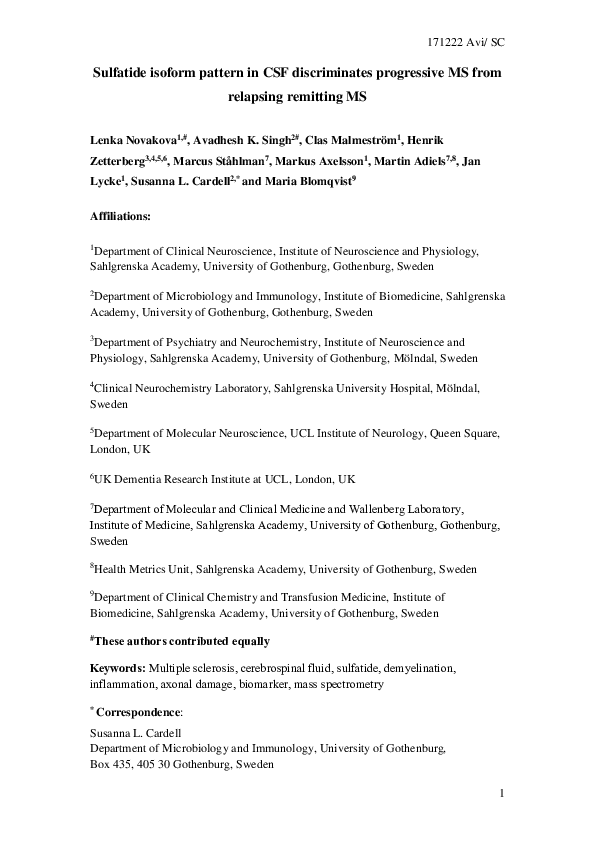 (PDF) Sulfatide isoform pattern in cerebrospinal fluid discriminates ...