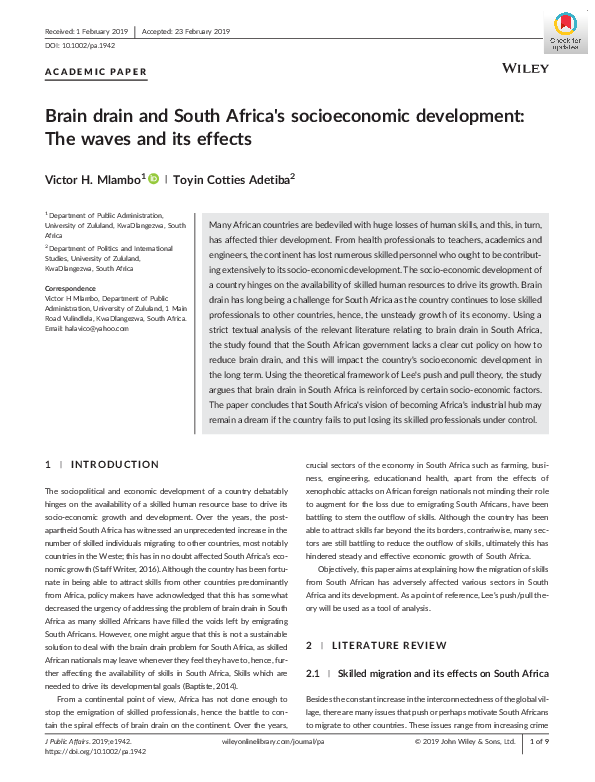 (PDF) Brain drain and South Africa's socioeconomic development: The waves and its effects