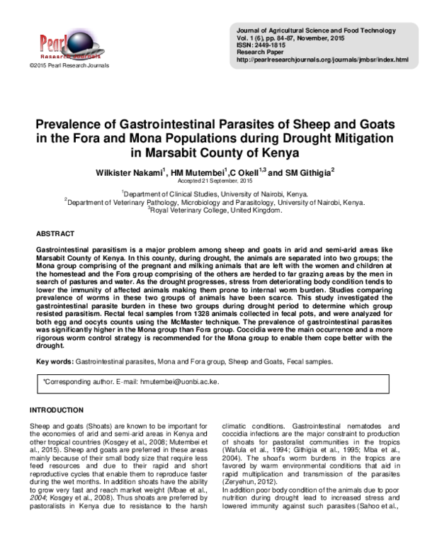 (PDF) Prevalence of Gastrointestinal Parasites of Sheep and Goats in ...