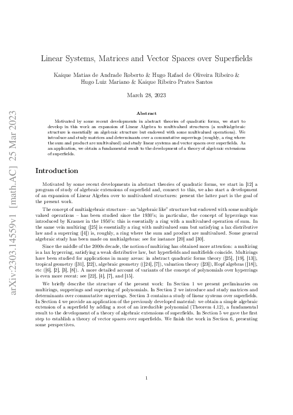 (PDF) Linear Systems, Matrices and Vector Spaces over Superfields