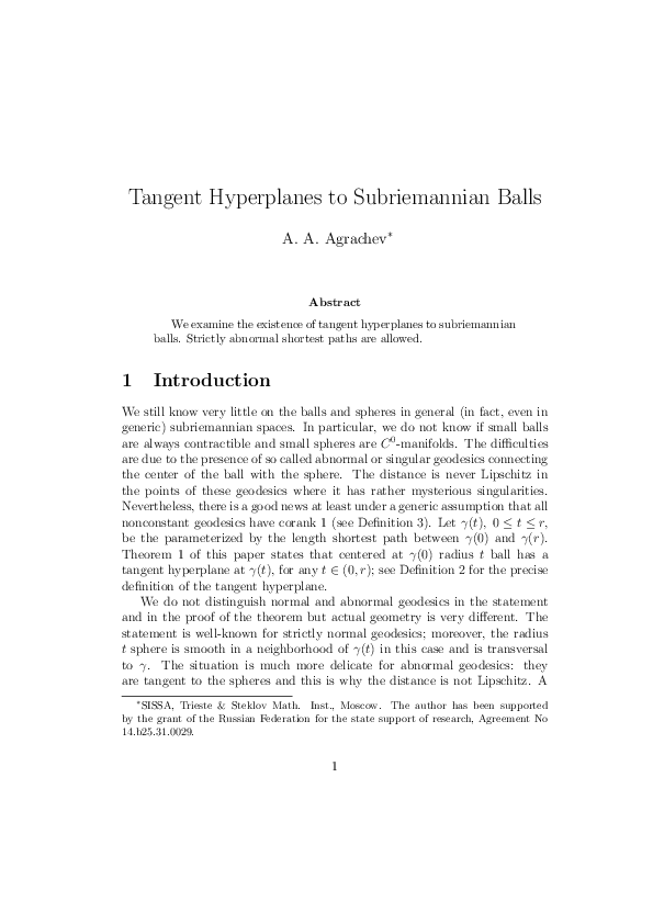 (PDF) Tangent Hyperplanes to Subriemannian Balls