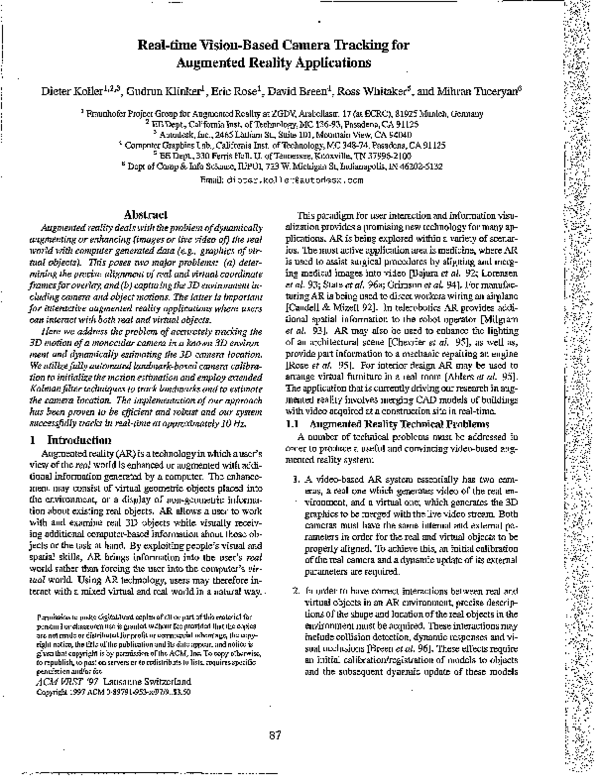 Pdf Real Time Vision Based Camera Tracking For Augmented Reality