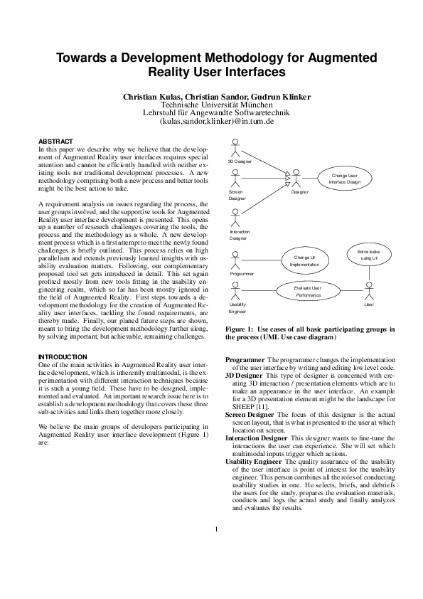 (PDF) Towards a development methodology for augmented reality user interfaces | Gudrun Klinker ...