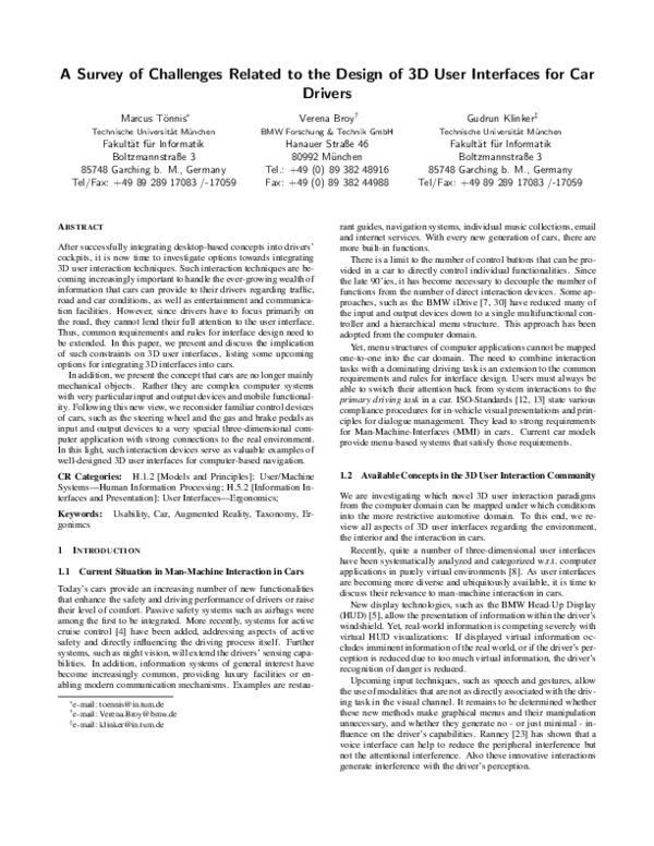 (PDF) A Survey of Challenges Related to the Design of 3D User Interfaces for Car Drivers ...