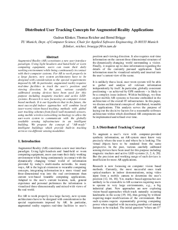 (PDF) Distributed user tracking concepts for augmented reality applications
