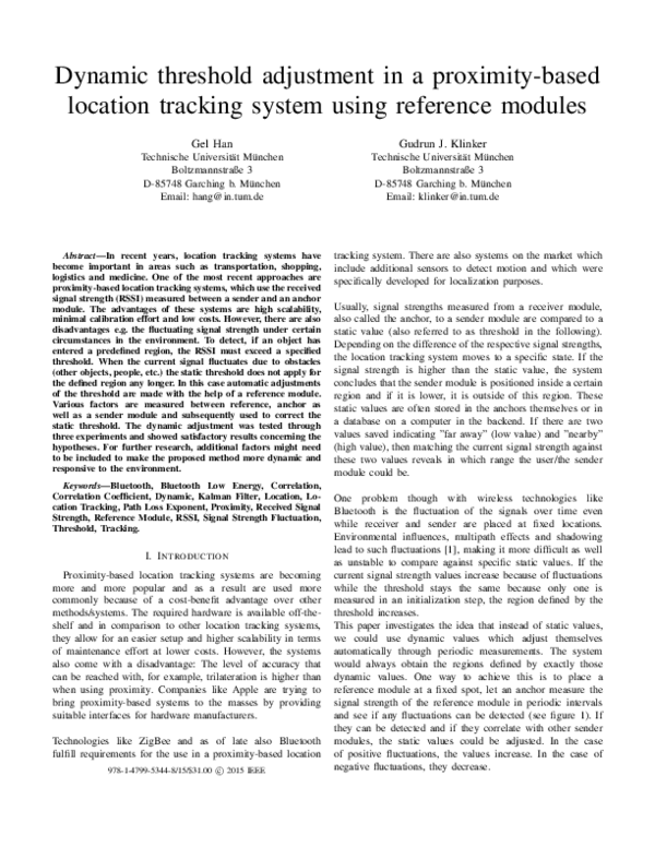 Pdf Dynamic Threshold Adjustment In A Proximity Based Location Tracking System Using Reference