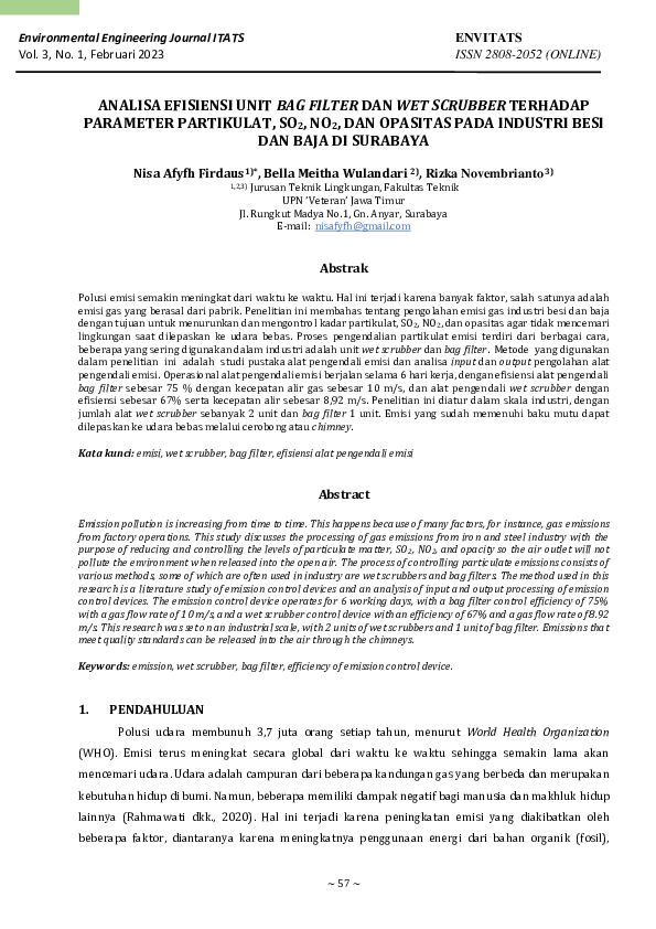 (PDF) Analisa Efisiensi Unit Bag Filter dan Wet Scrubber terhadap Parameter Partikulat, SO2, NO2 ...