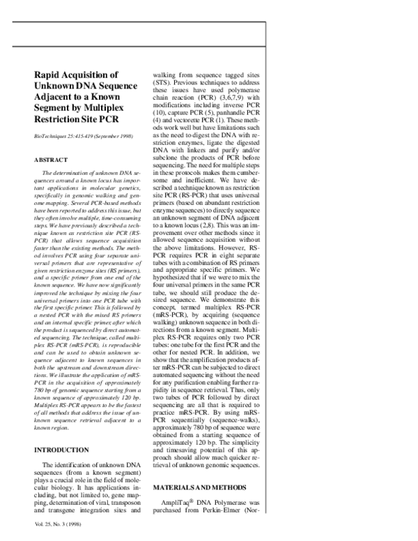 (PDF) Rapid Acquisition of Unknown DNA Sequence Adjacent to a Known ...