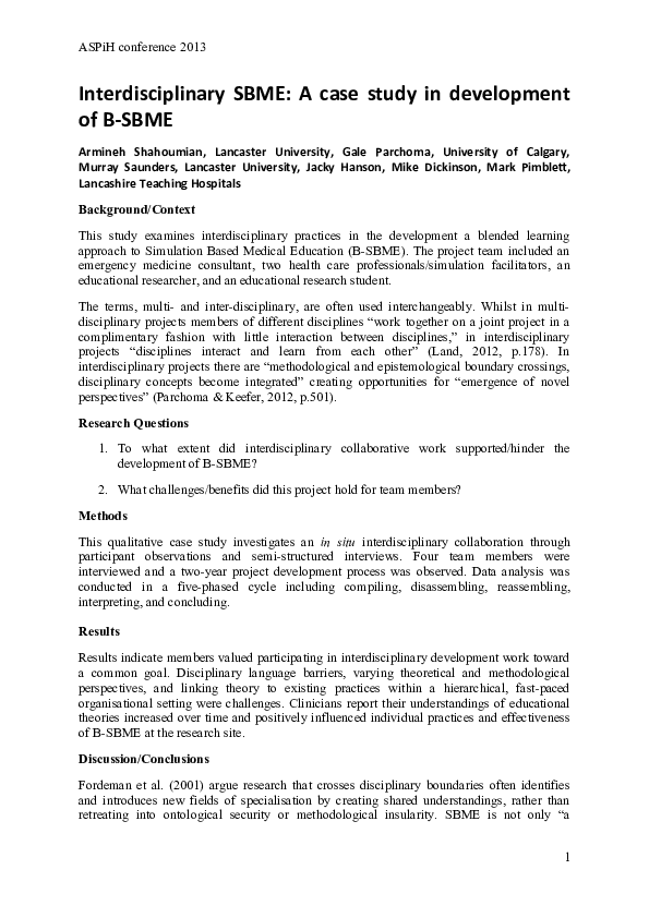(DOC) Interdisciplinary SBME : a case study in development of B-SBME