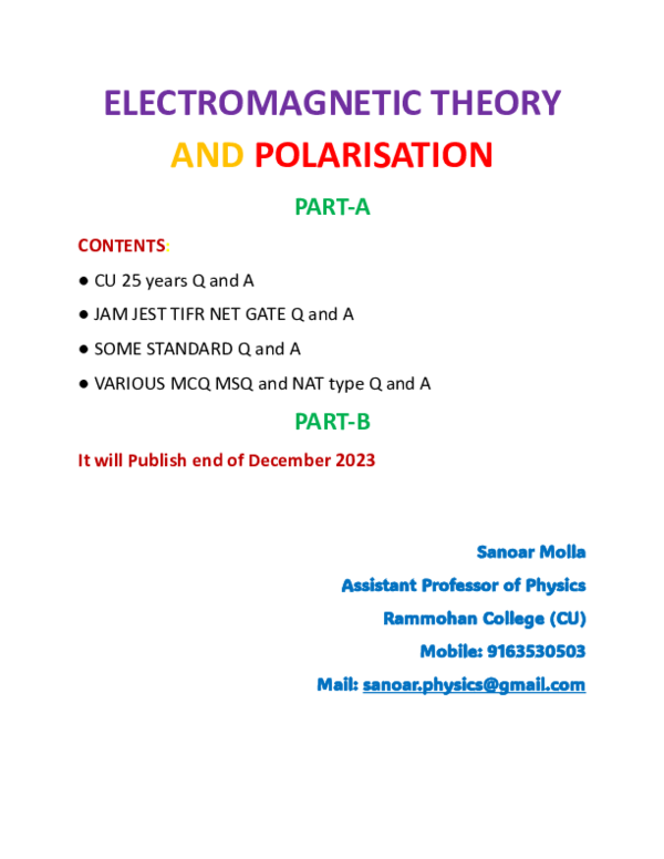 (PDF) Problems and Solutions on Electromagnetic Theory and Polarisation
