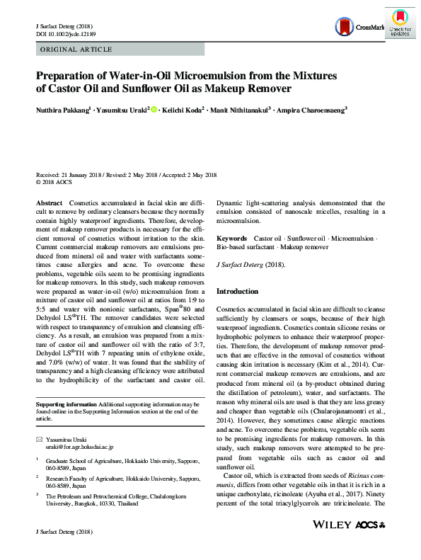 Pdf Preparation Of Water In Oil Microemulsion From The Mixtures Of Castor Oil And Sunflower