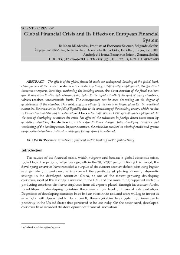 (PDF) Global Financial Crisis and Its Effects on European Financial System