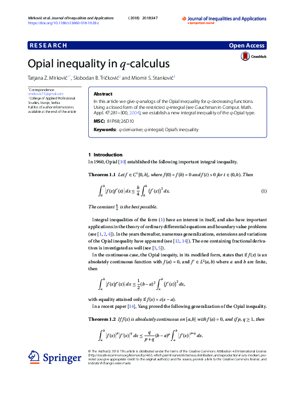 (PDF) Opial inequality in q-calculus