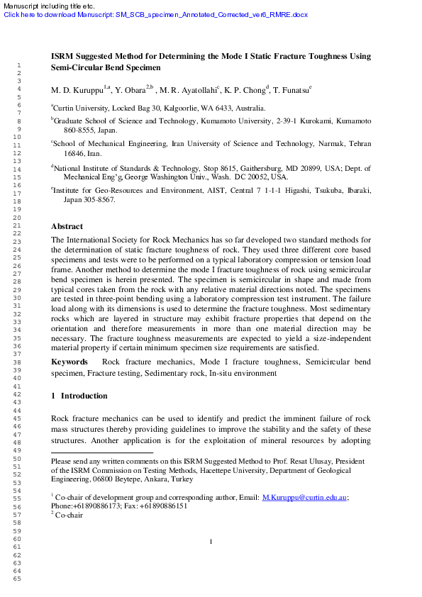 (PDF) ISRM-Suggested Method for Determining the Mode I Static Fracture Toughness Using Semi ...