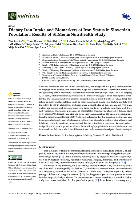 (PDF) Dietary Iron Intake and Biomarkers of Iron Status in Slovenian ...