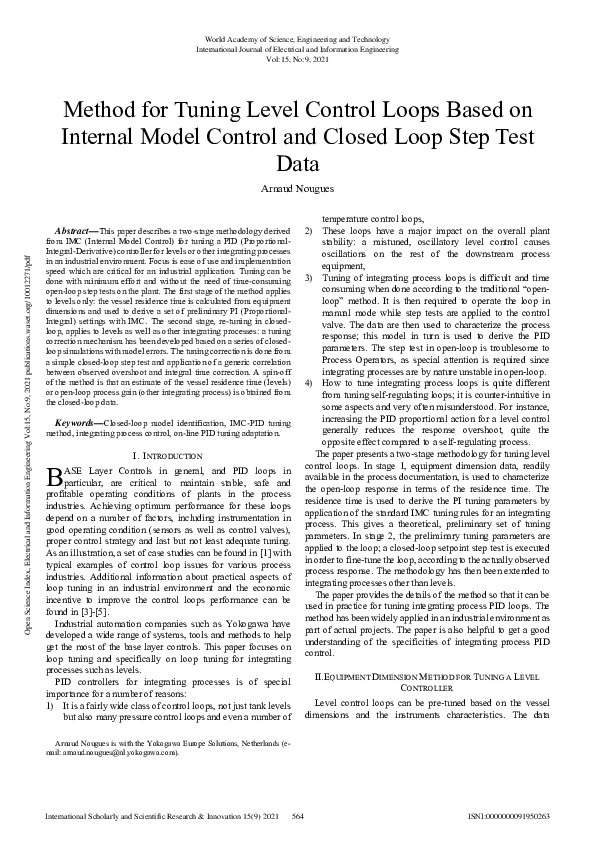 (PDF) Method for Tuning Level Control Loops Based on Internal Model Control and Closed Loop Step ...