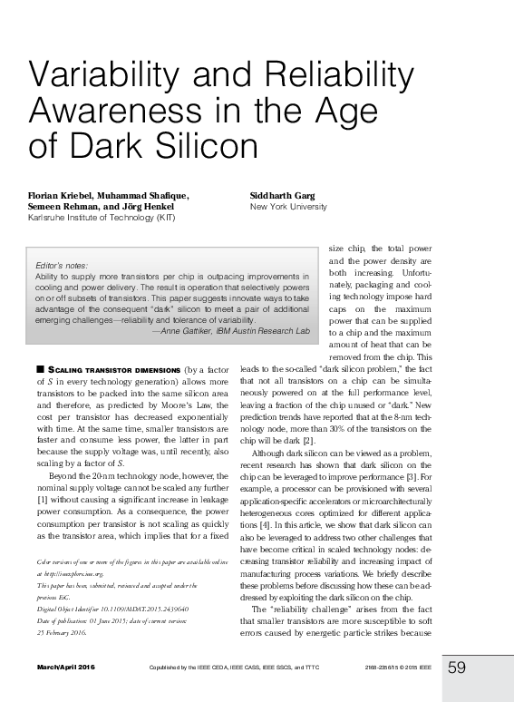 (PDF) Variability- and Reliability-Awareness in the Age of Dark Silicon