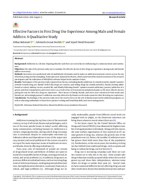 (PDF) Effective Factors in First Drug Use Experience Among Male and ...