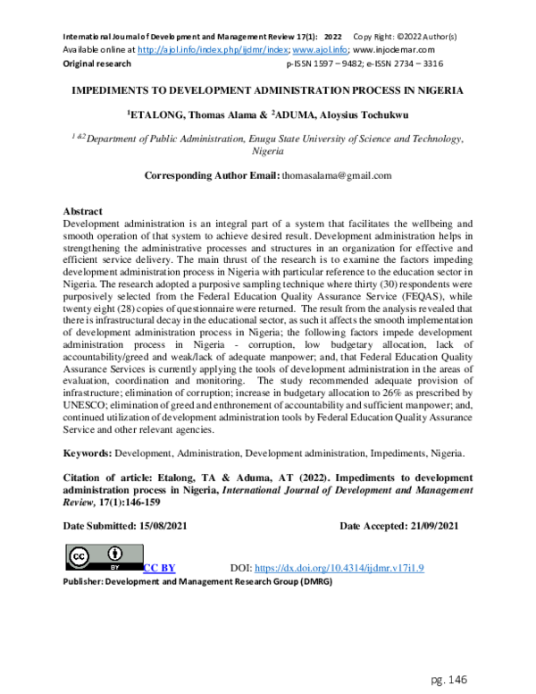 (PDF) Impediments to development administration process in Nigeria