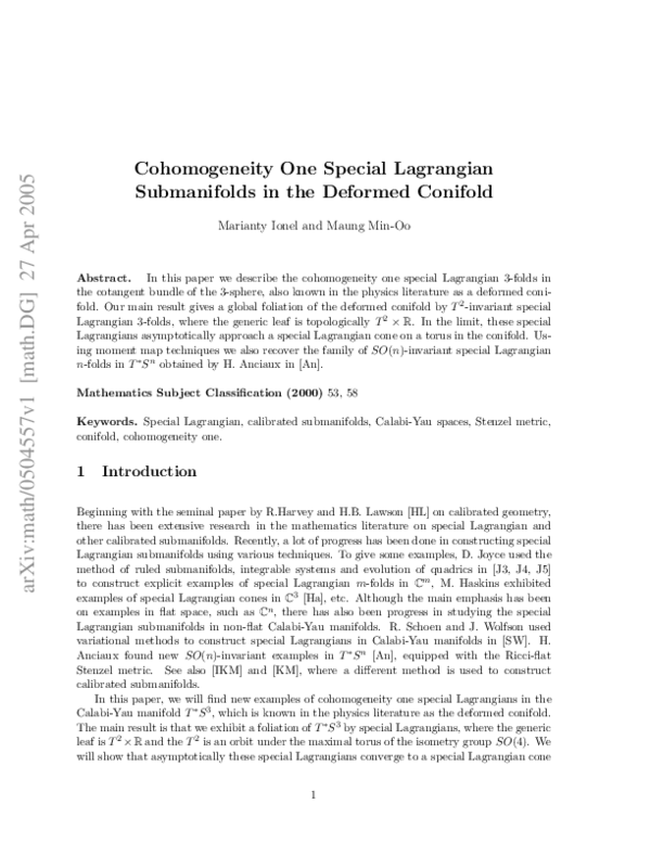 (PDF) Cohomogeneity One Special Lagrangian Submanifolds in the Deformed ...