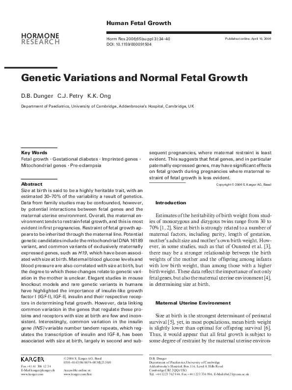 (PDF) Genetic Variations and Normal Fetal Growth