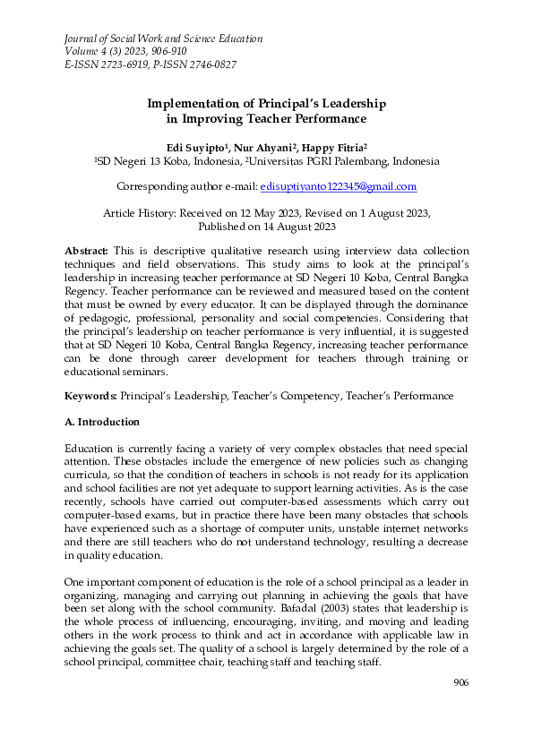 (PDF) Implementation of Principal’s Leadership in Improving Teacher Performance | Edi Suyipto ...