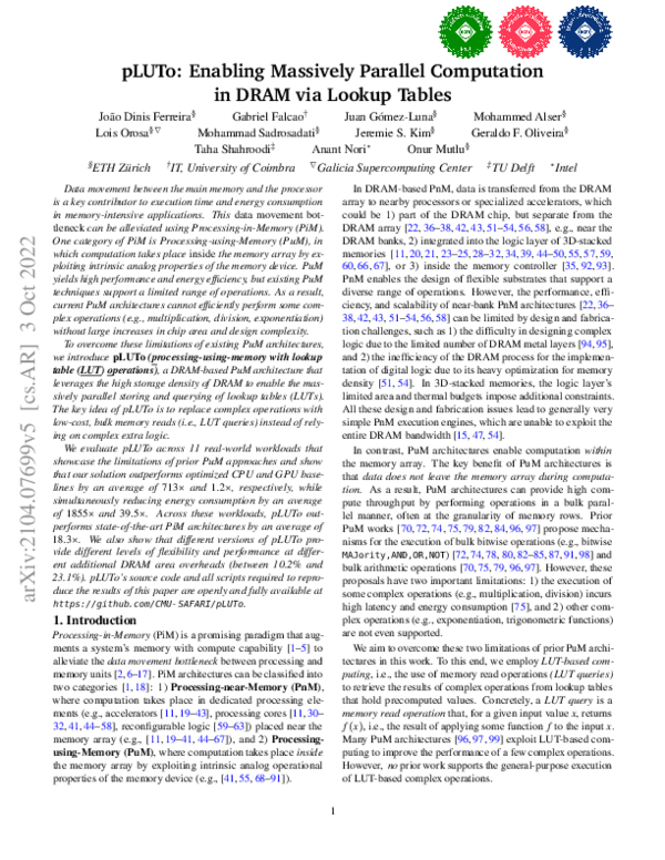 (PDF) pLUTo: In-DRAM Lookup Tables to Enable Massively Parallel General-Purpose Computation ...