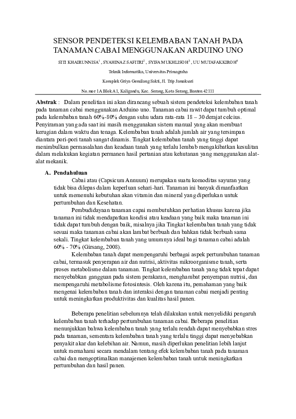 Pdf Sensor Pendeteksi Kelembaban Tanah Pada Tanaman Cabai Menggunakan Arduino Uno