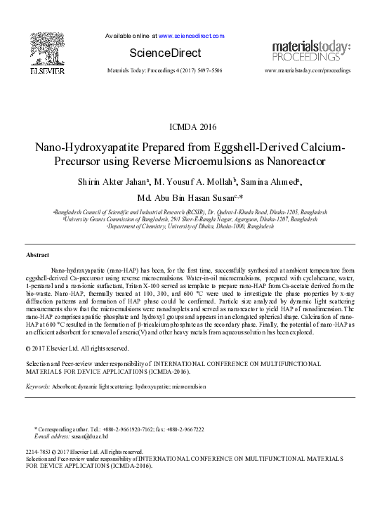 (PDF) Nano-Hydroxyapatite Prepared from Eggshell-Derived Calcium ...
