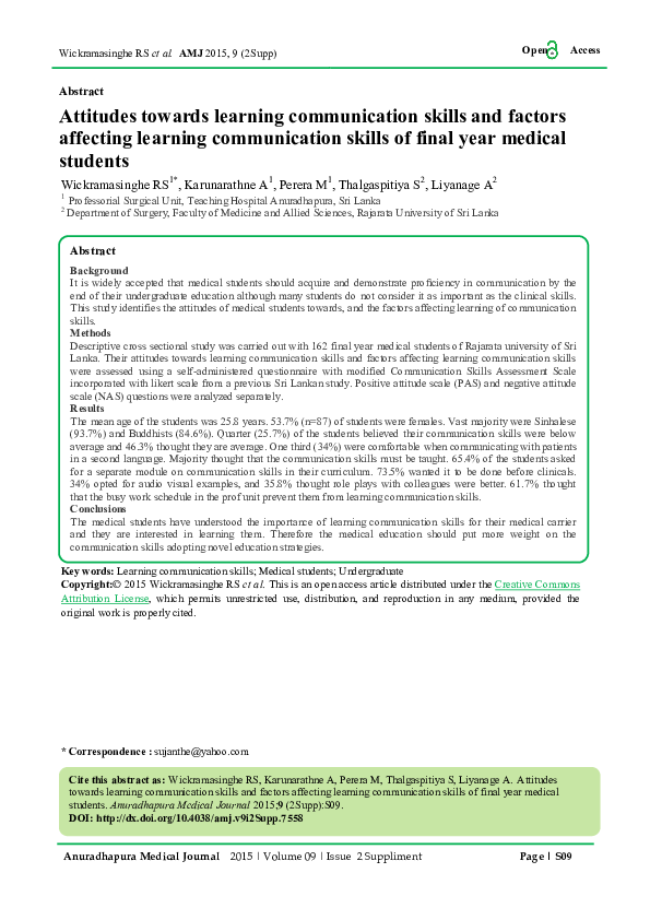 (PDF) Attitudes towards learning communication skills and factors affecting learning ...