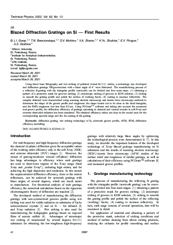 (PDF) Blazed Diffraction Gratings on Si --- First Results
