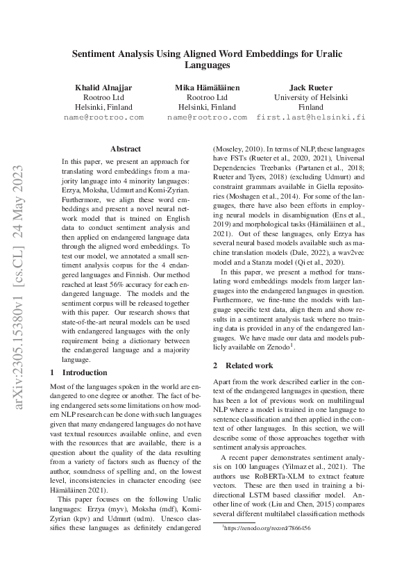 (PDF) Sentiment Analysis Using Aligned Word Embeddings for Uralic Languages (PDF) Sentiment Analysis Using Aligned Word Embeddings for Uralic Languages
